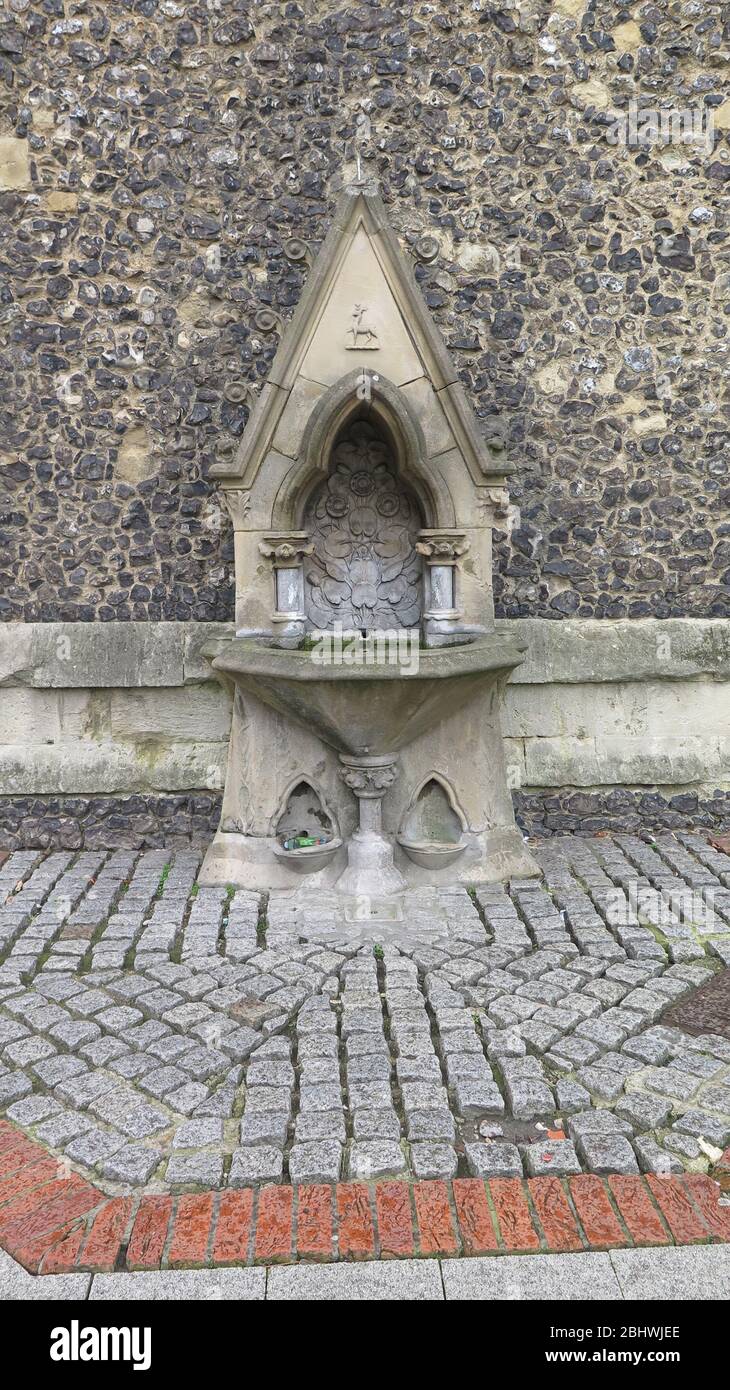 Ancient drinking fountain with low access for dogs and cats in cobbled ...