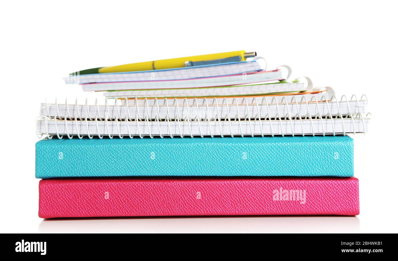 Colorful notebooks and pen, isolated on white Stock Photo - Alamy
