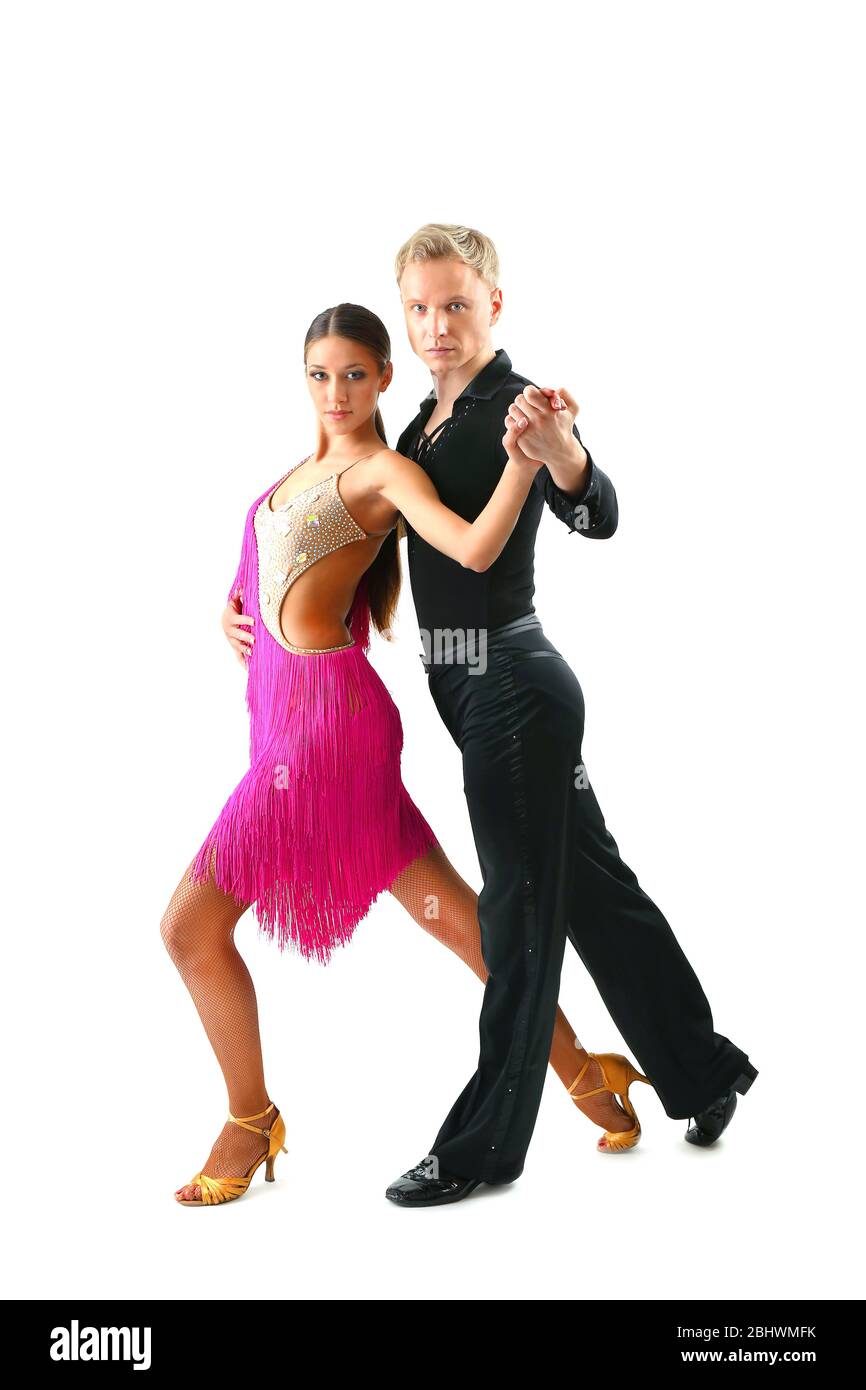 Beautiful couple of professional artists dancing isolated on white ...