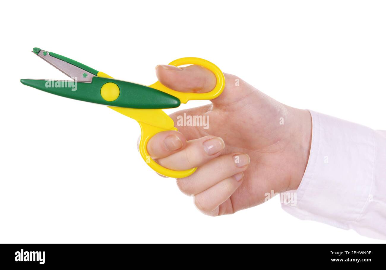 Female hand with scissors isolated on white Stock Photo - Alamy