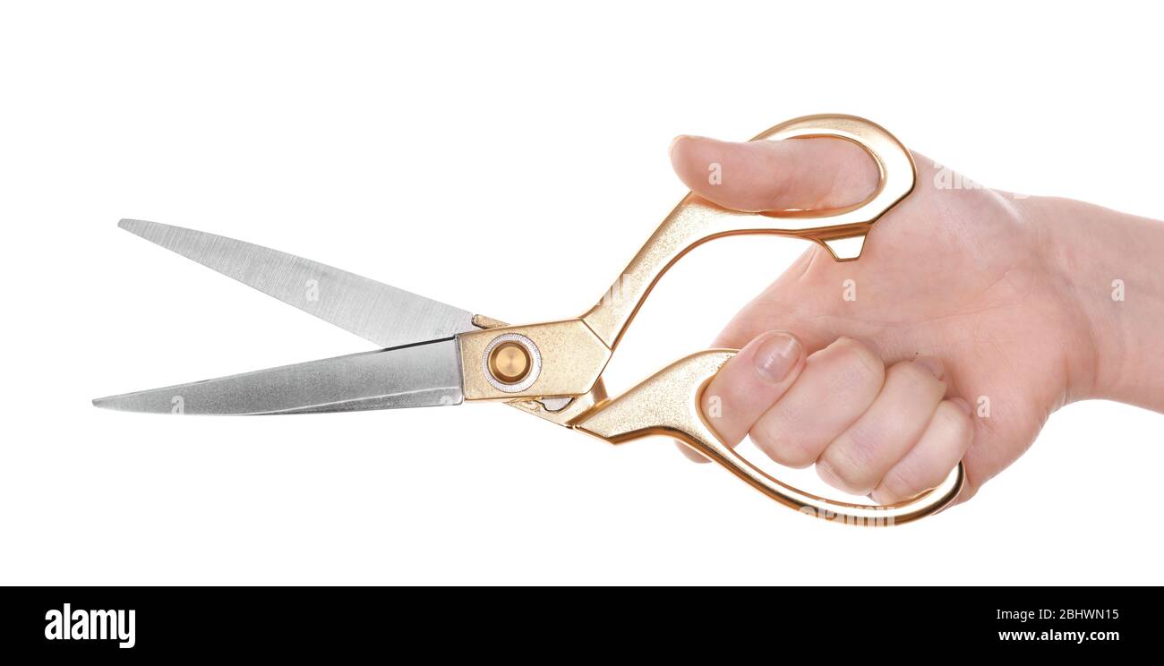 Female hand with scissors isolated on white Stock Photo - Alamy