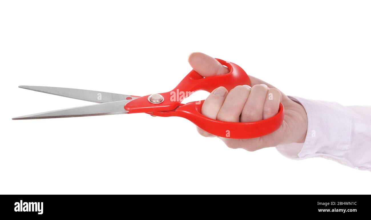 Female hand with scissors isolated on white Stock Photo - Alamy