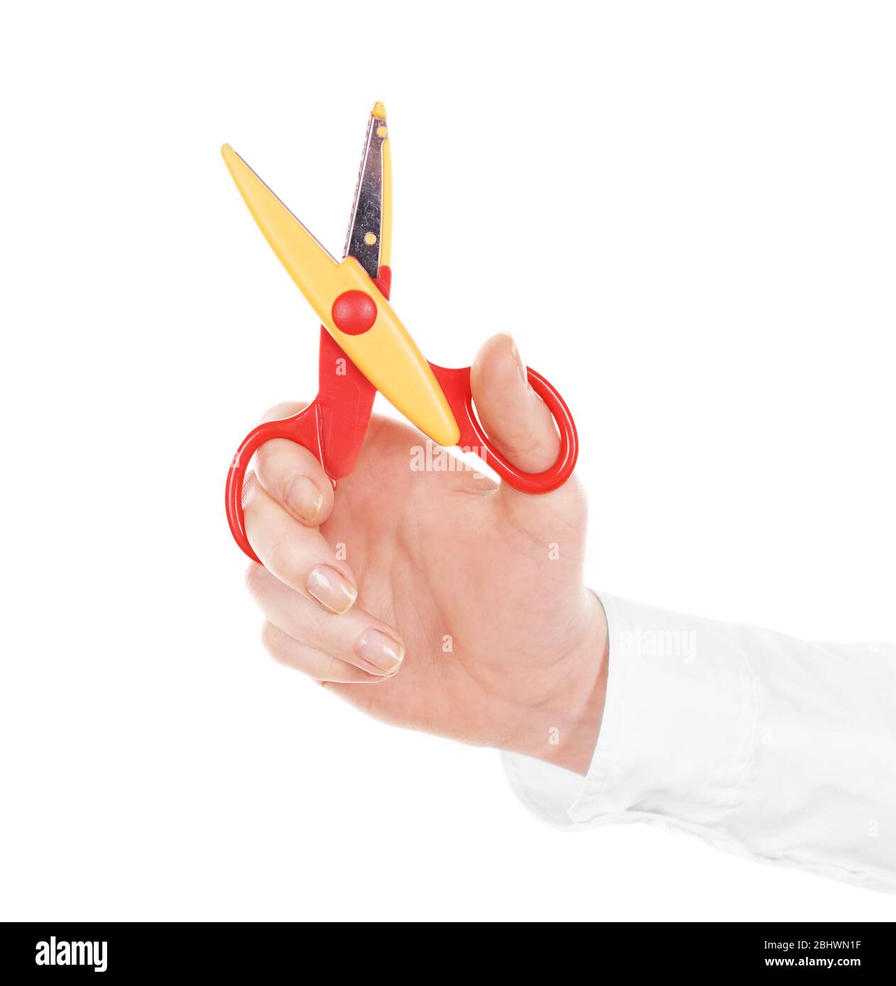 Female hand with scissors isolated on white Stock Photo - Alamy