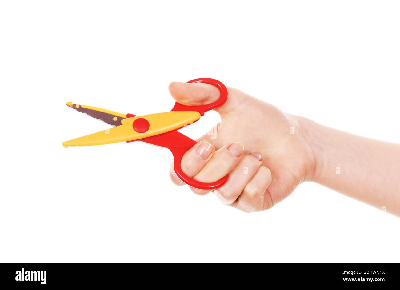 Female hand with scissors isolated on white Stock Photo - Alamy