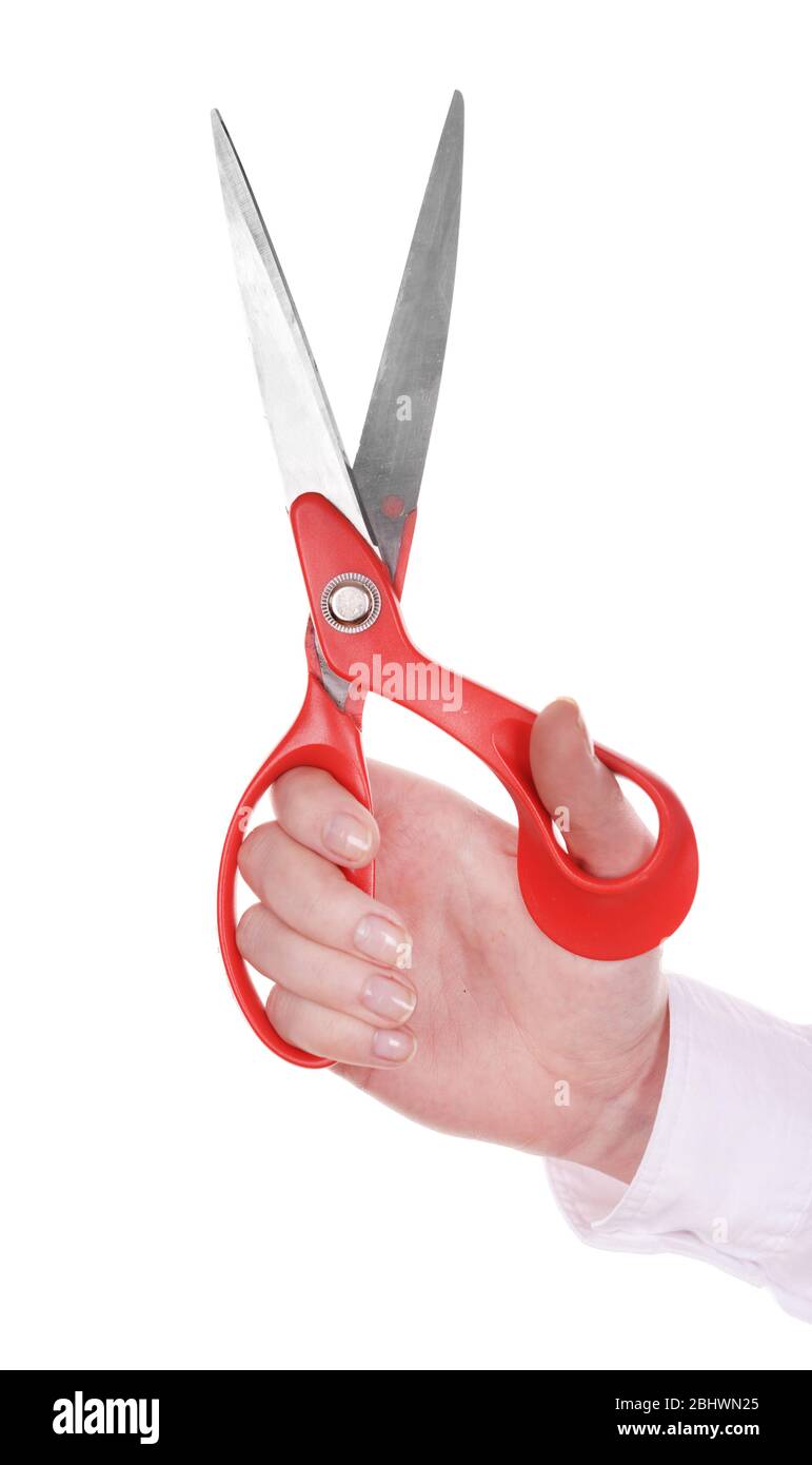 Female hand with scissors isolated on white Stock Photo - Alamy