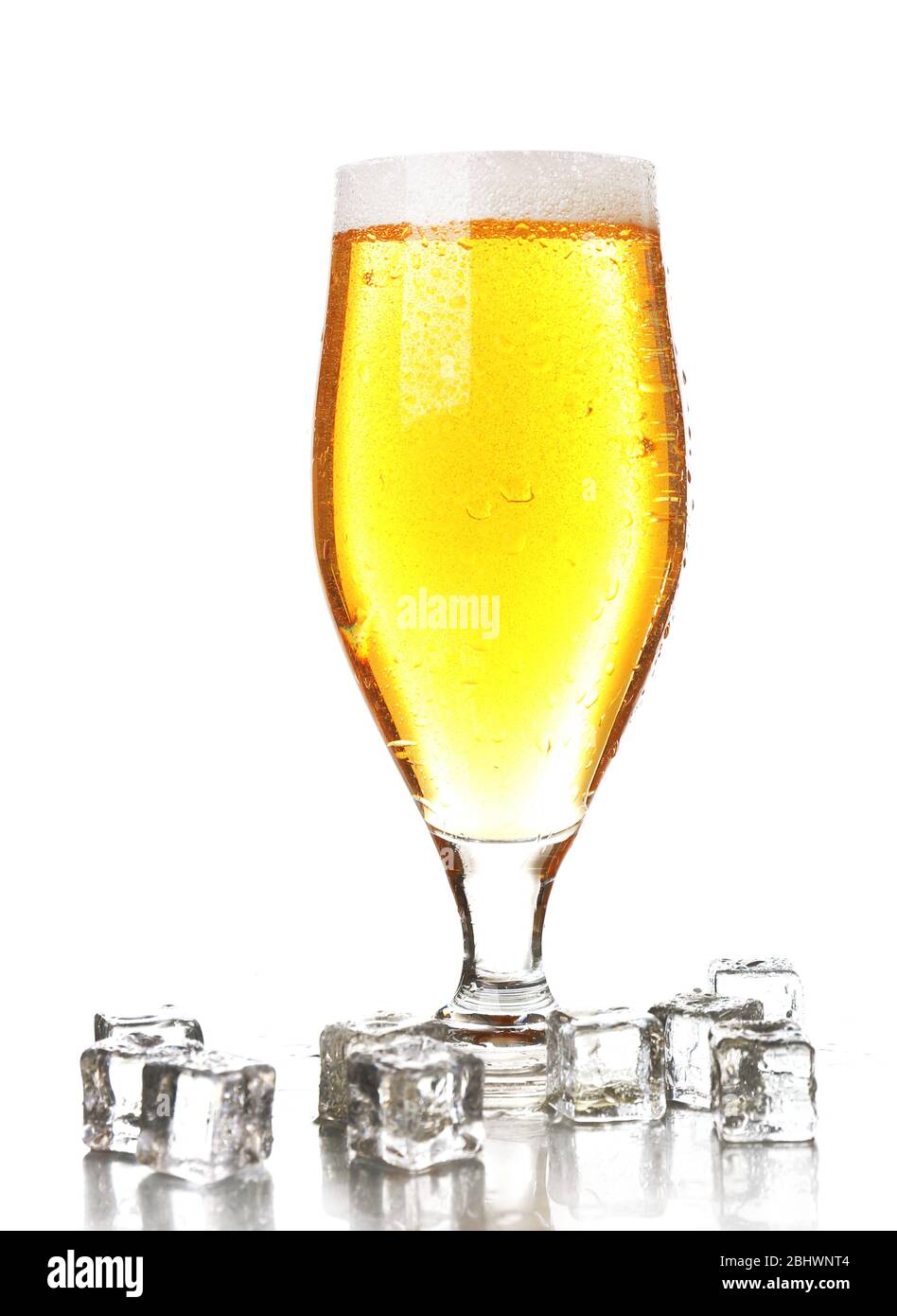 Glass of beer with foam and ice cubes isolated on white Stock Photo - Alamy