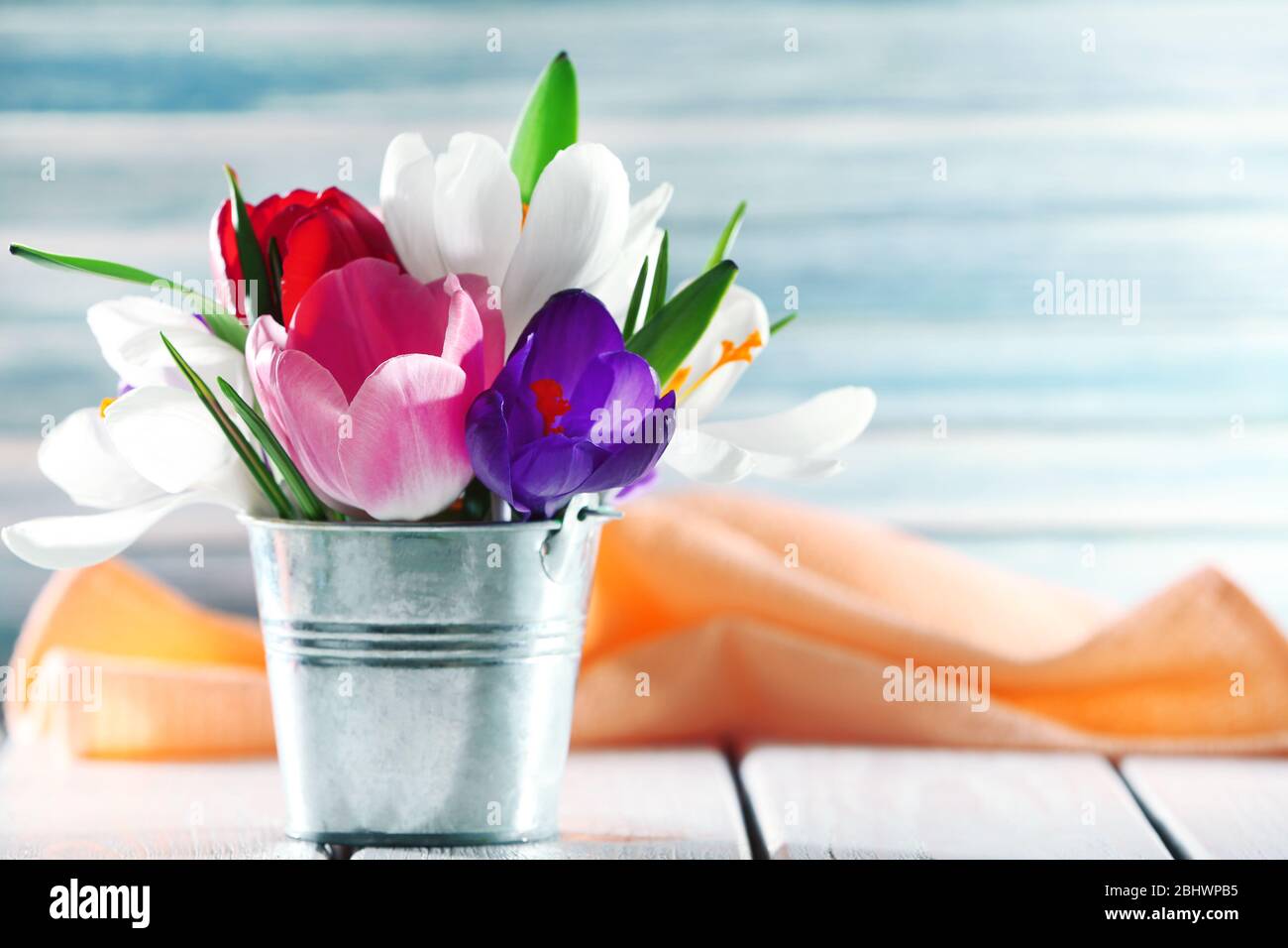 Beautiful spring flowers in metal bucket on color background Stock ...