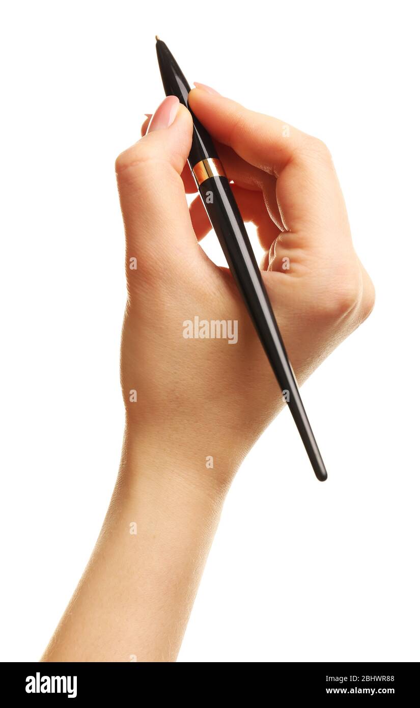 Female hand with pen isolated on white Stock Photo - Alamy