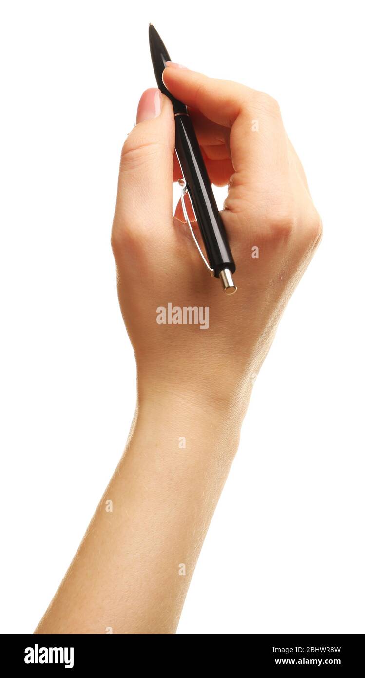 Female hand with pen isolated on white Stock Photo - Alamy