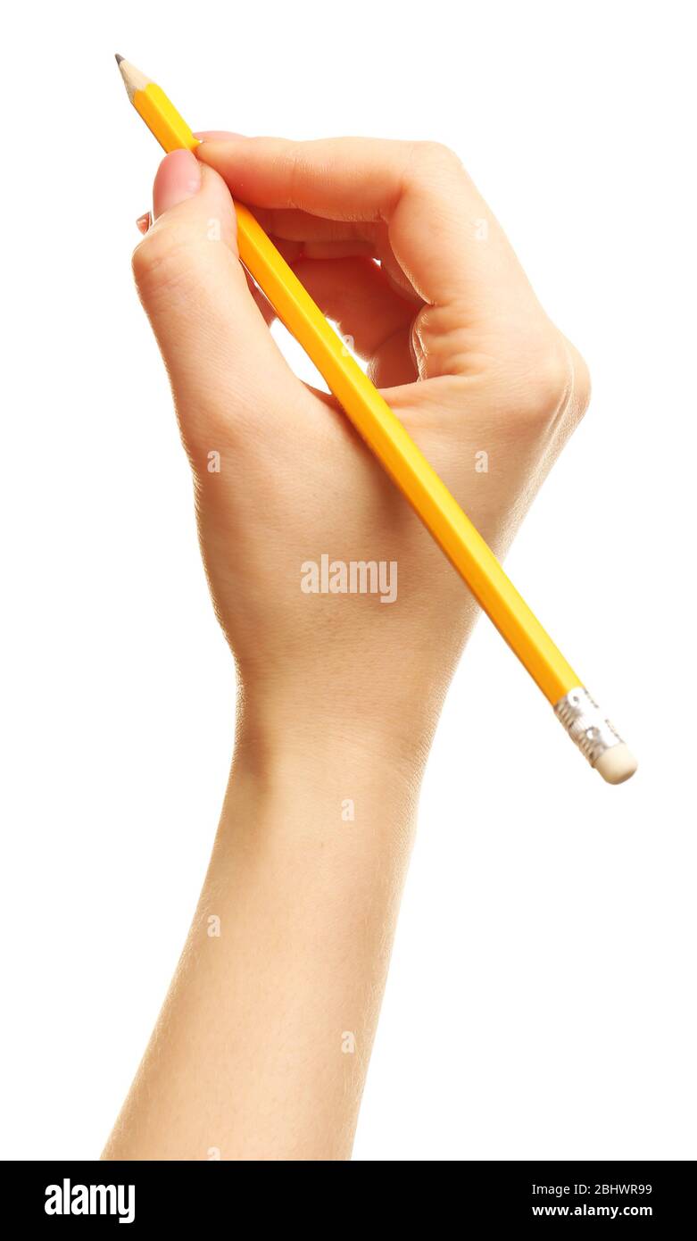 Female hand with pencil isolated on white Stock Photo - Alamy