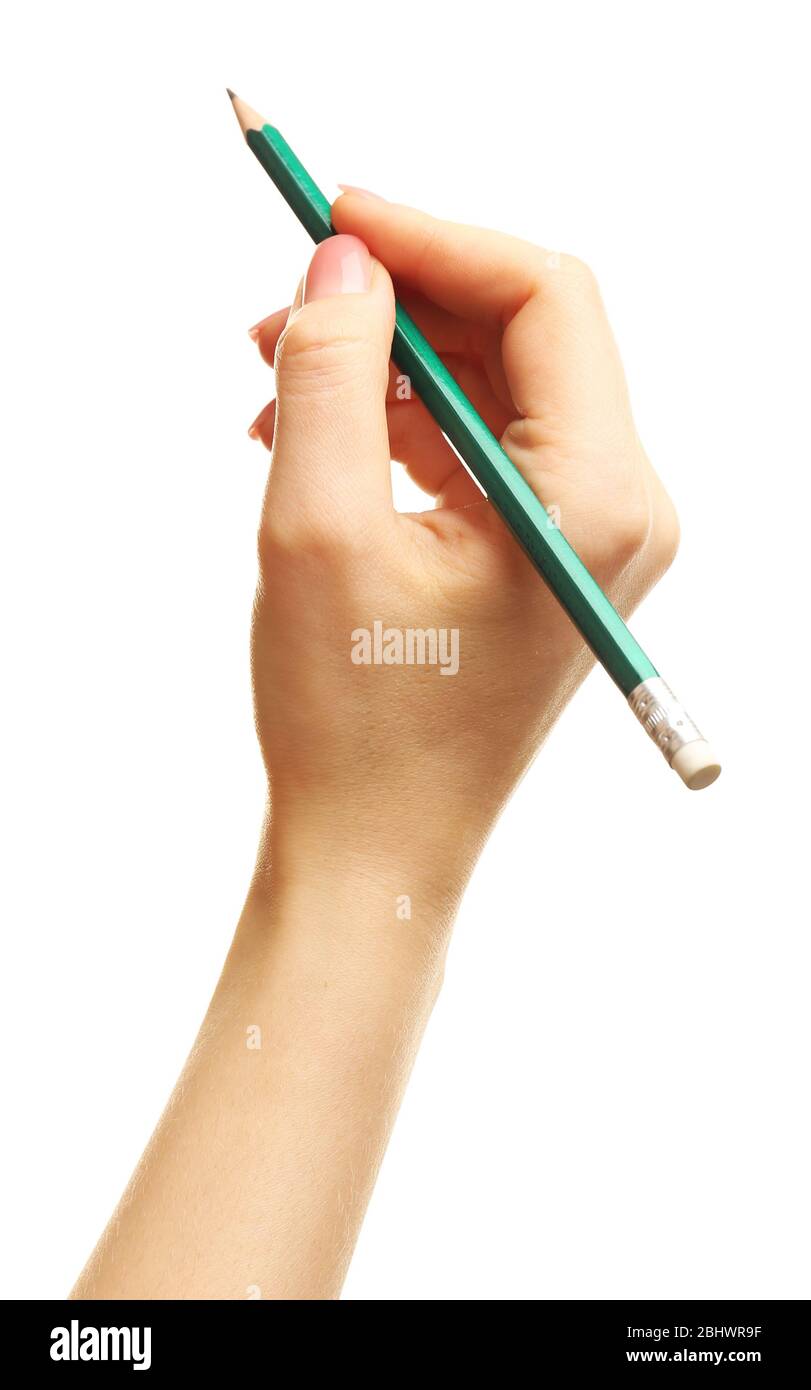 Female hand with pencil isolated on white Stock Photo - Alamy