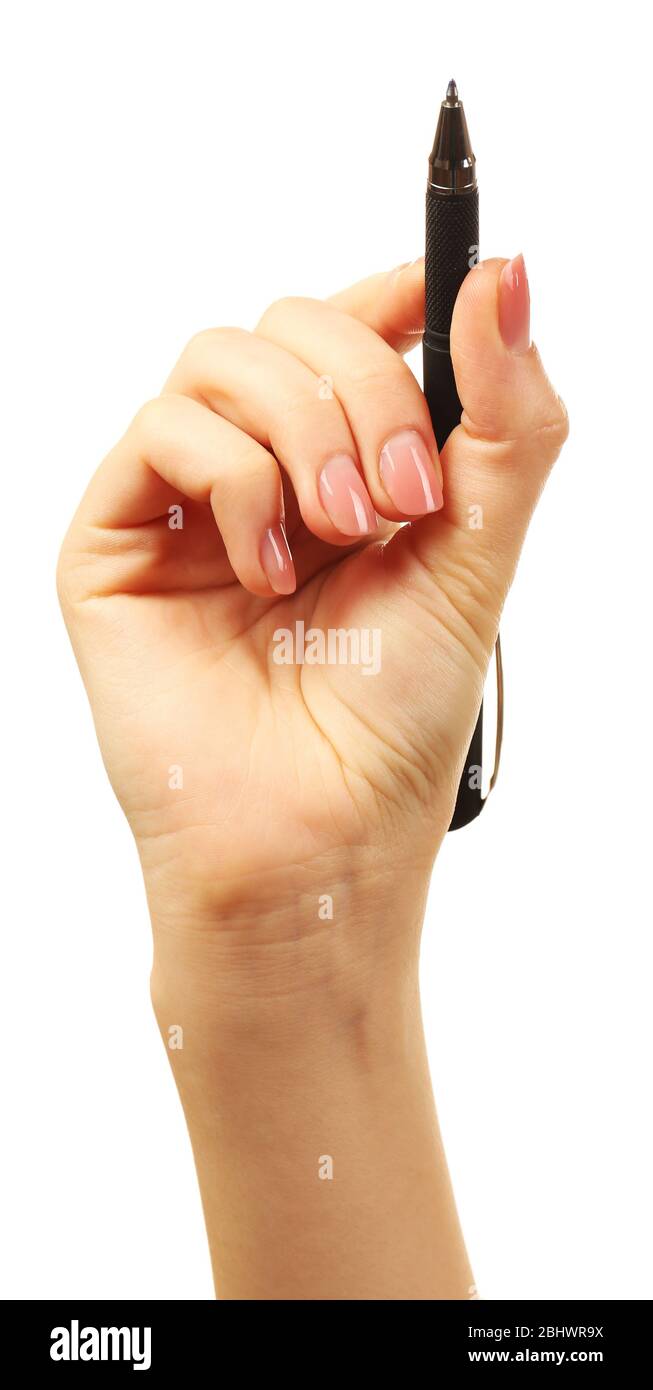 Female hand with pen isolated on white Stock Photo - Alamy