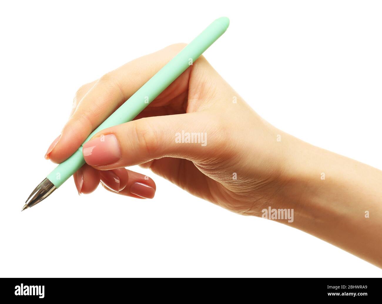 Female hand with pen isolated on white Stock Photo - Alamy