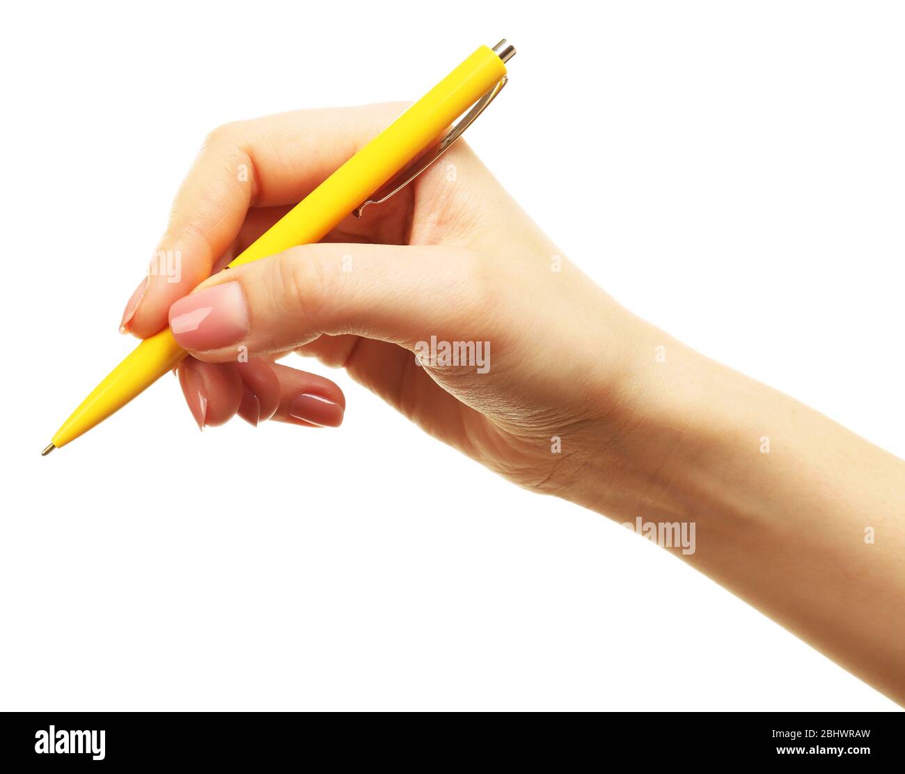 Female hand with pen isolated on white Stock Photo - Alamy