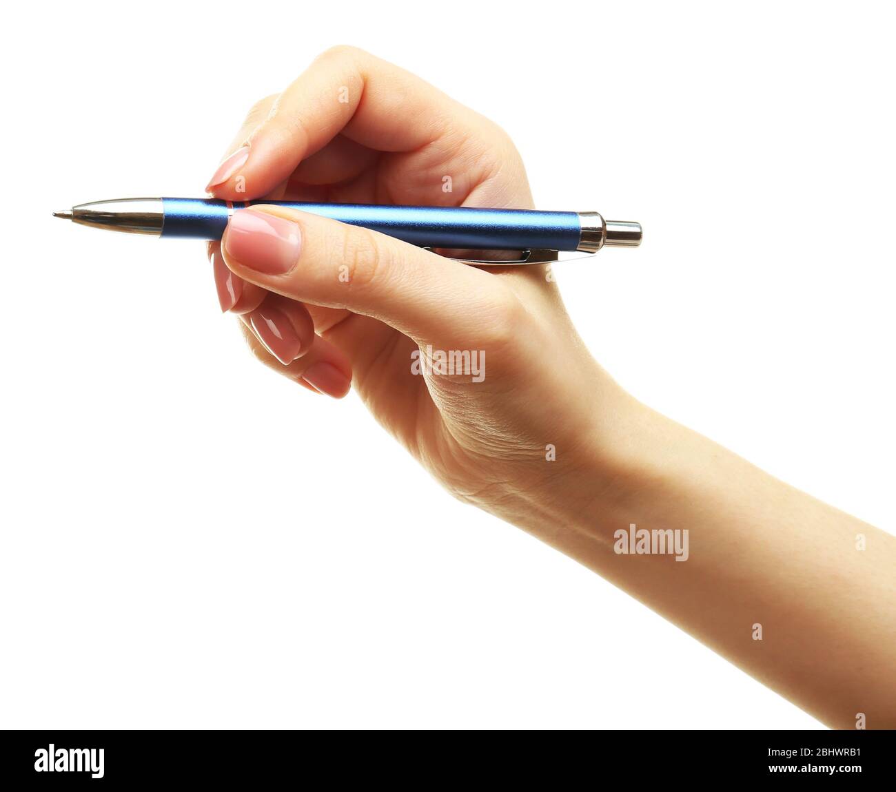 Female hand with pen isolated on white Stock Photo - Alamy