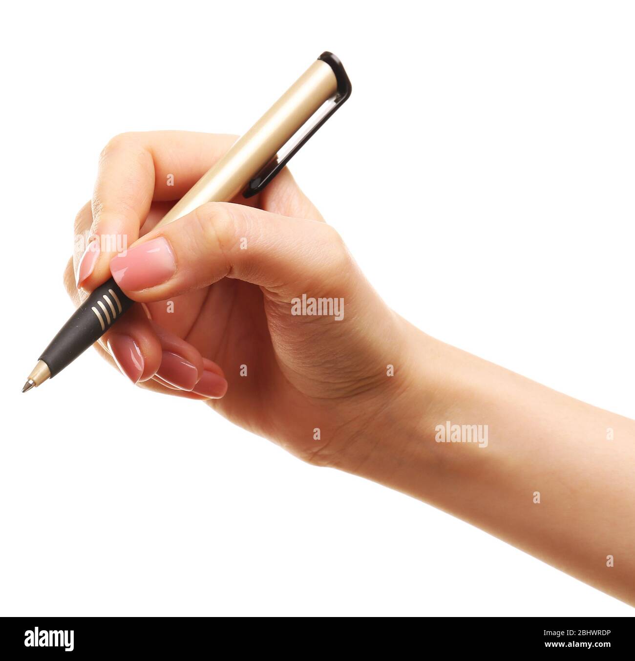 Female hand with pen isolated on white Stock Photo - Alamy