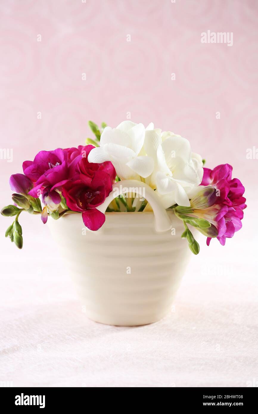 Beautiful spring flowers on light pink background Stock Photo - Alamy