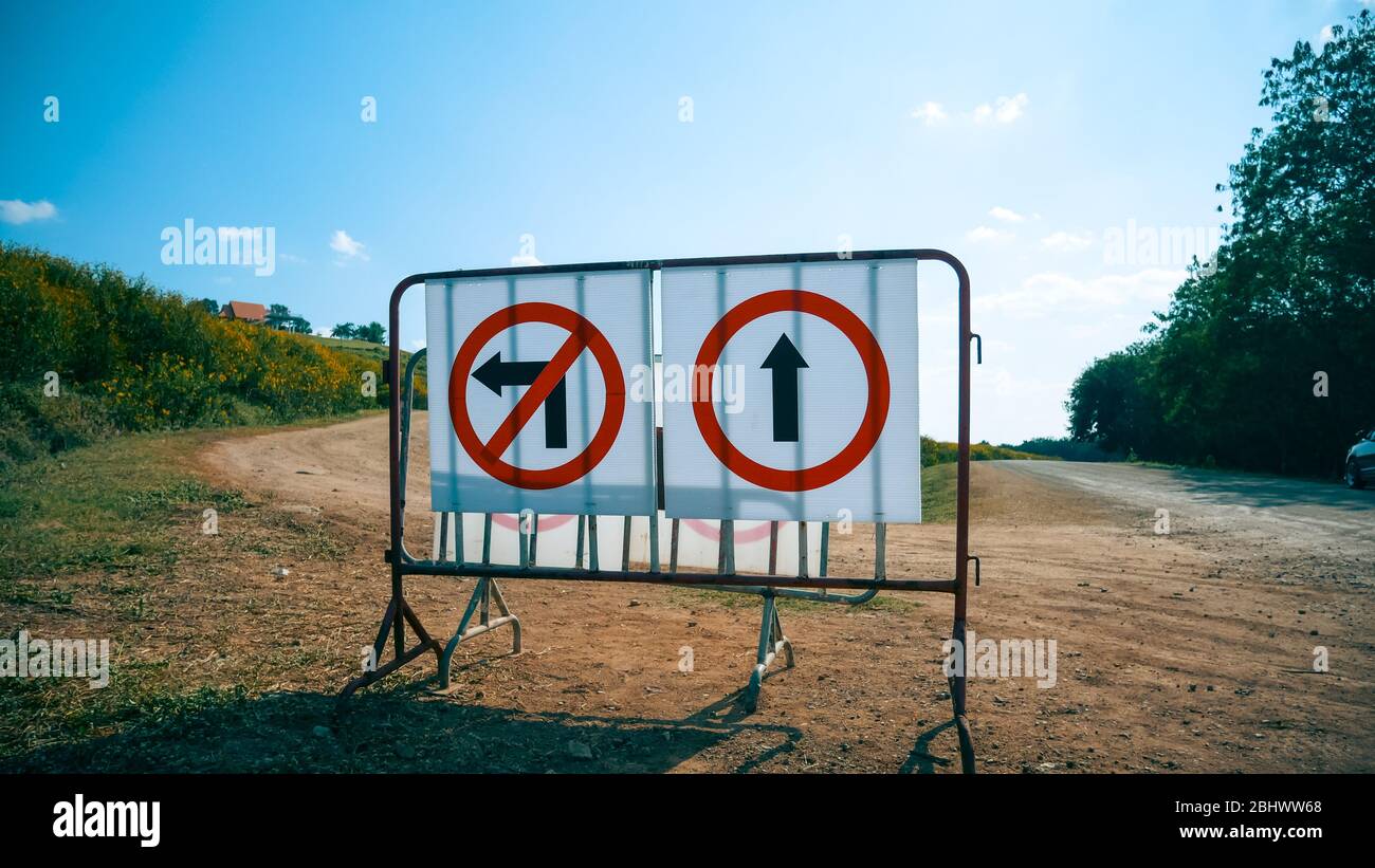 information warning one way up arrow.Stop no left way.Signboard traffic ...