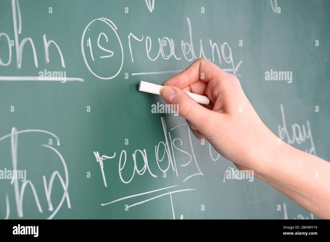 Teacher hand writing grammar sentences on blackboard background Stock ...