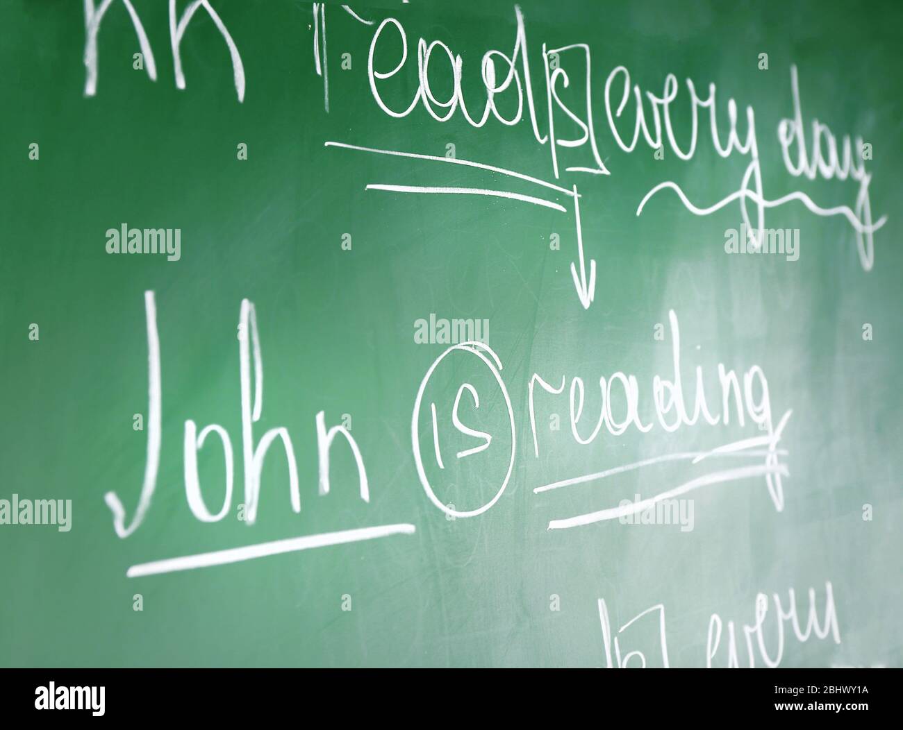 Teacher hand writing grammar sentences on blackboard background Stock ...