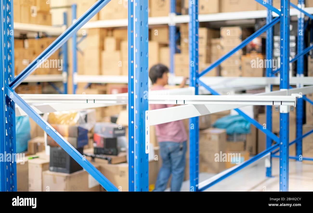 The blue of metal rack prepare to assembling in warehouse or storage ...