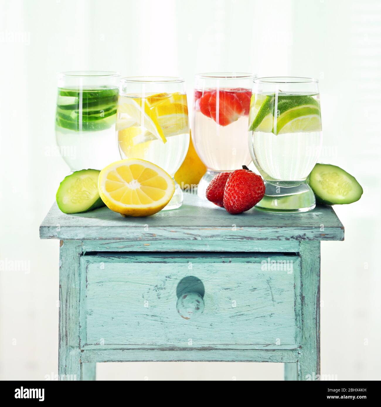 Glasses of different home made freshness healthy vitamin-fortified ...