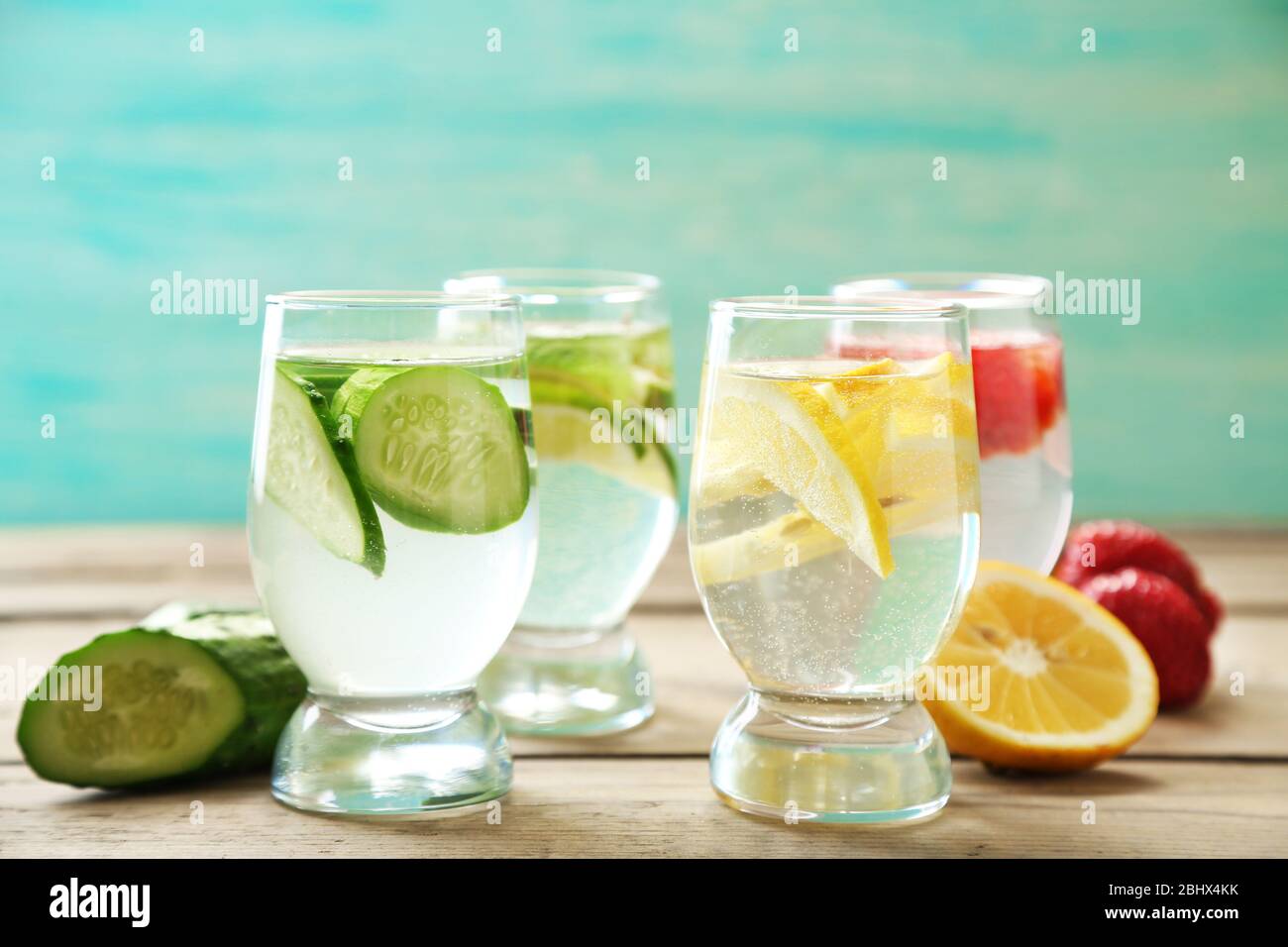 Glasses of different home made freshness healthy vitamin-fortified ...