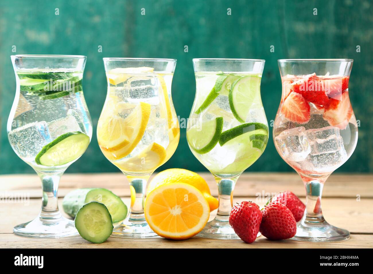 Glasses of different home made freshness healthy vitamin-fortified ...