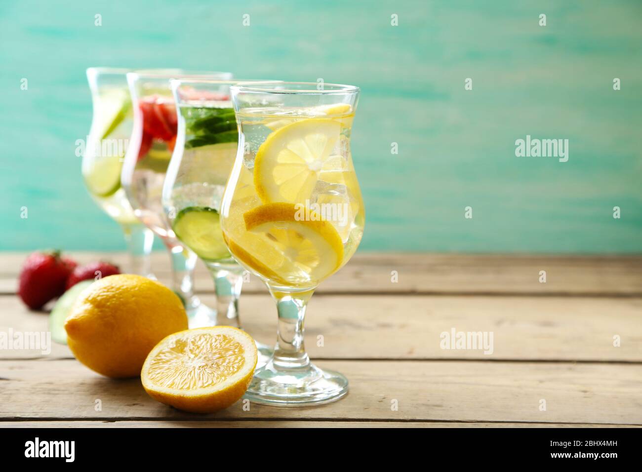 Glasses of different home made freshness healthy vitamin-fortified ...