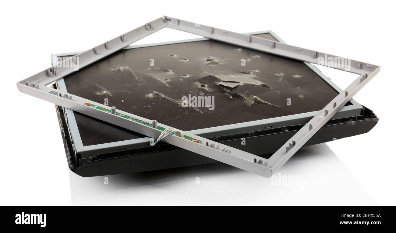 Smashed computer screen isolated on white Stock Photo - Alamy