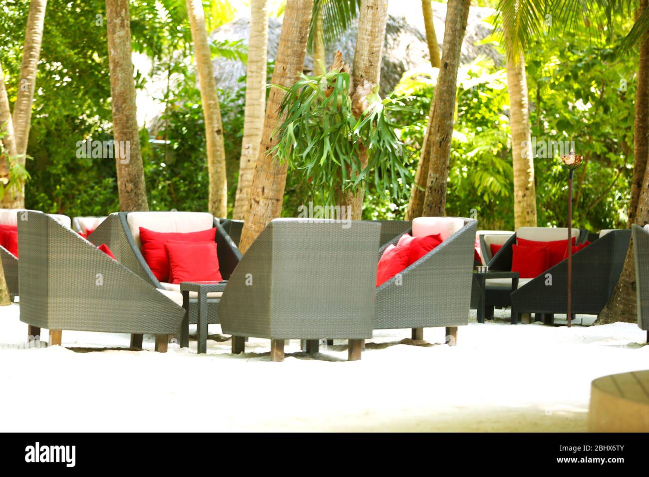 Restaurant platform with seats in resort Stock Photo - Alamy