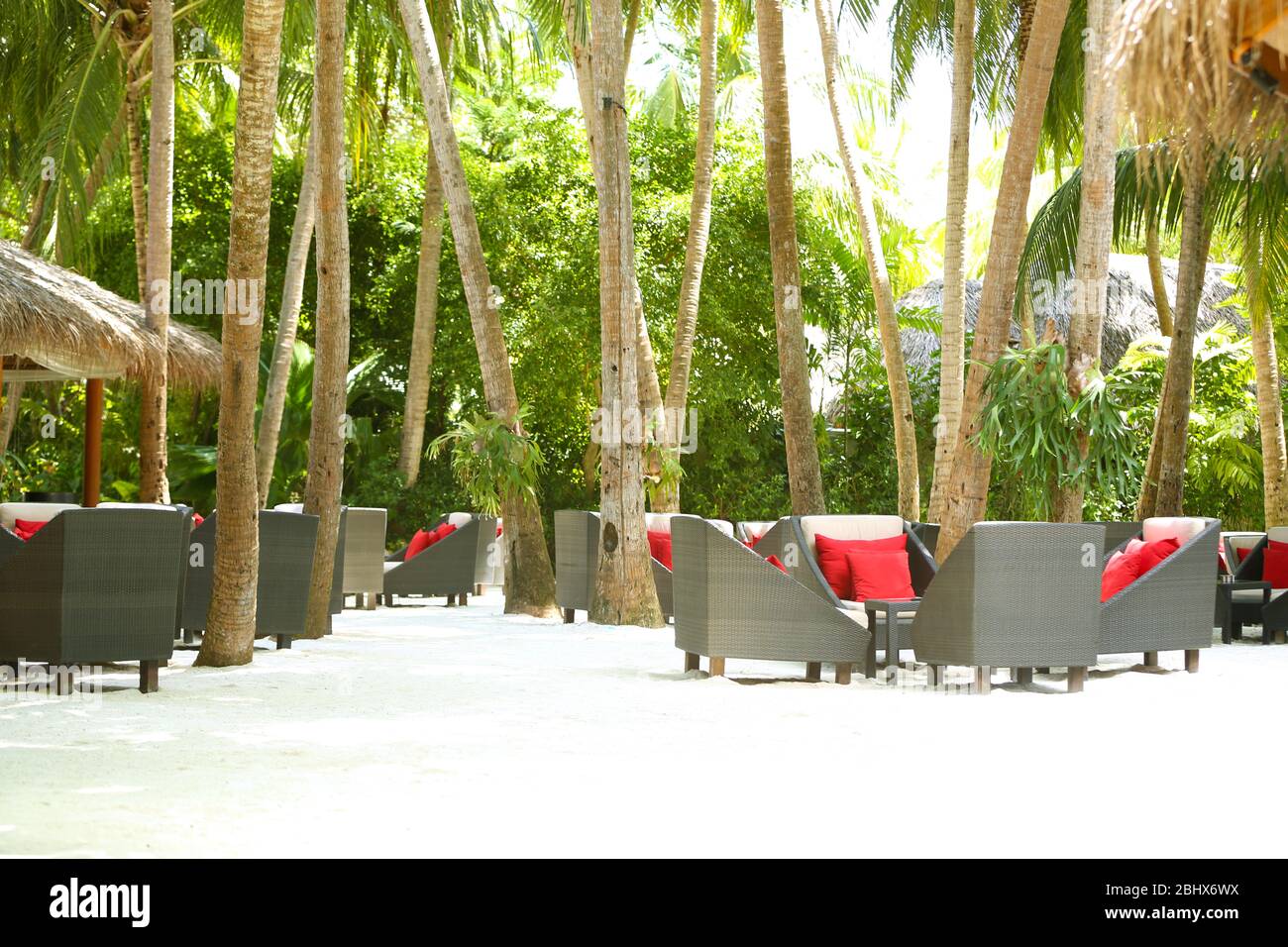 Restaurant platform with seats in resort Stock Photo - Alamy