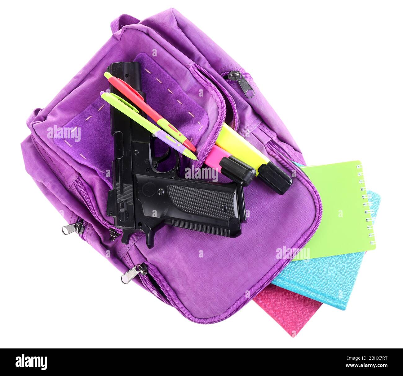 Gun in school backpack, isolated on white Stock Photo - Alamy