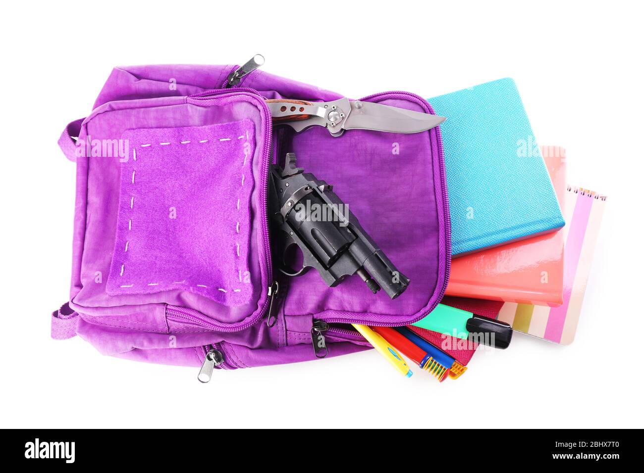 Gun in school backpack, isolated on white Stock Photo - Alamy