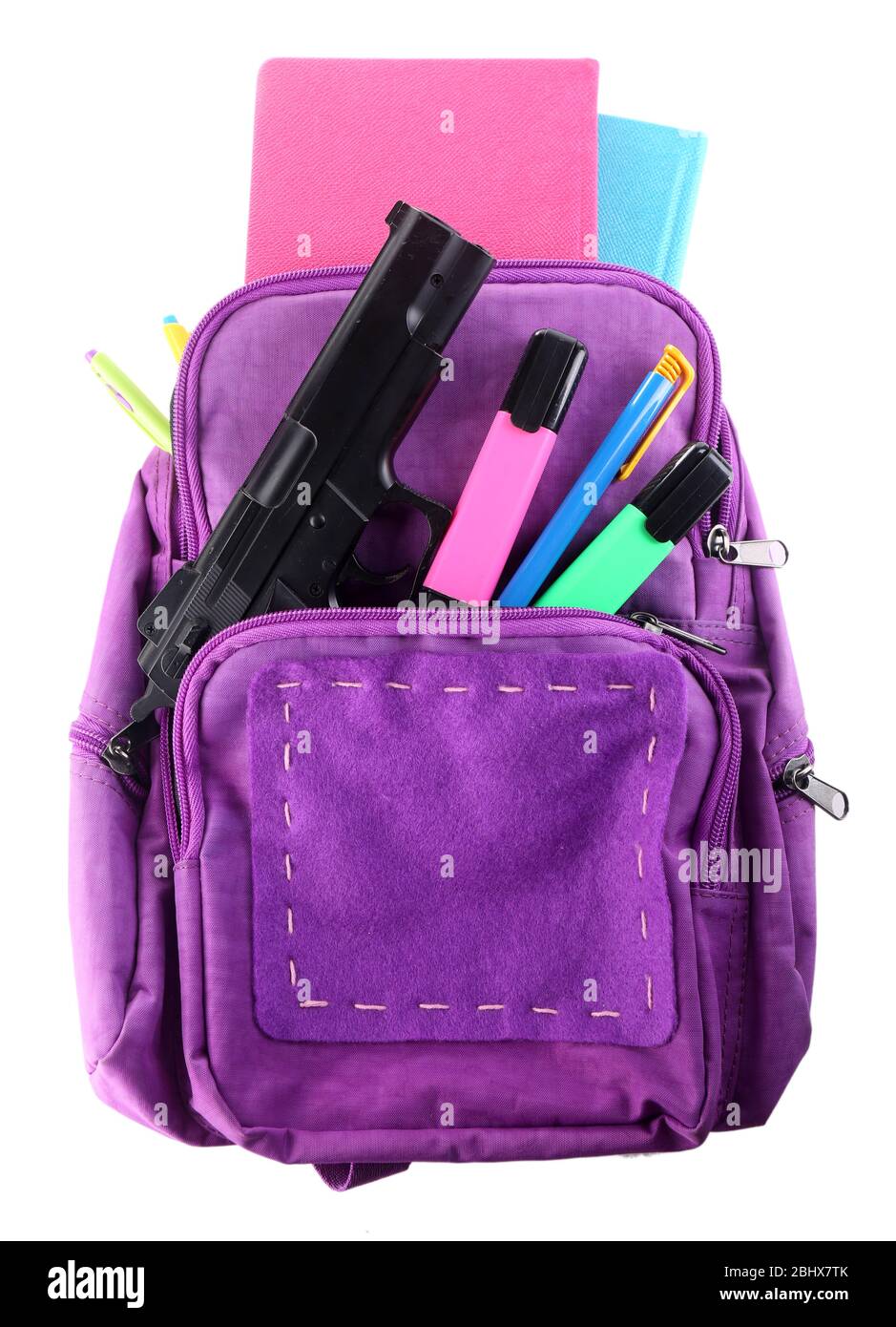 Gun in school backpack, isolated on white Stock Photo - Alamy