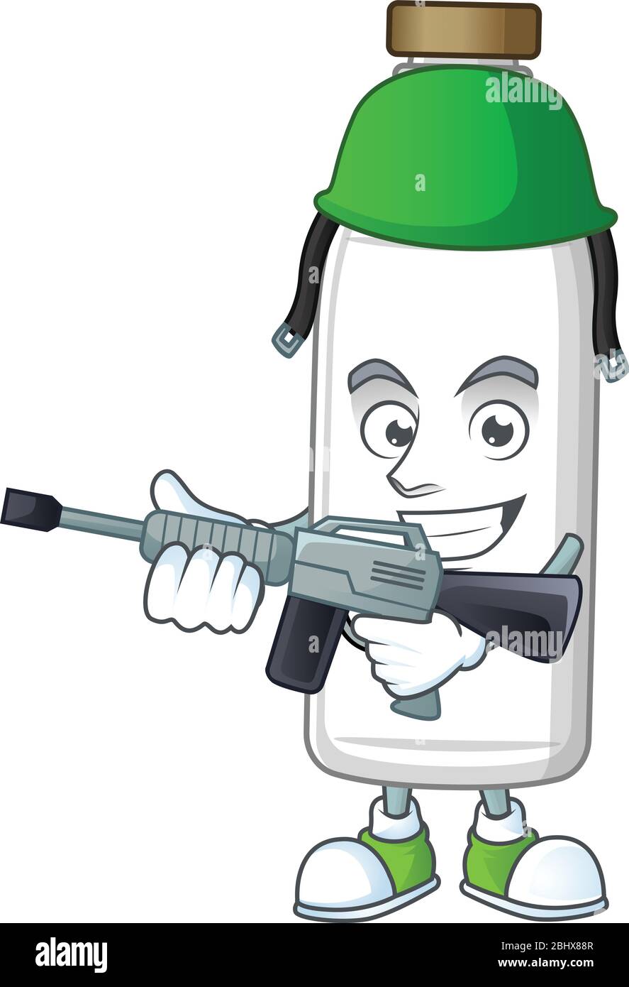 An elegant milk bottle Army mascot design style using automatic gun ...