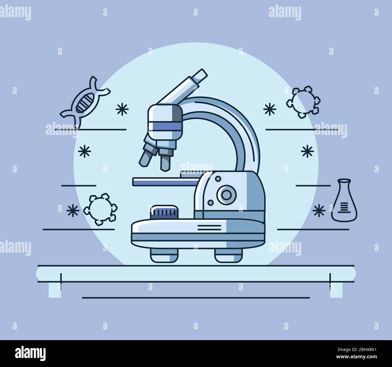 poster with laboratory microscope, research coronavirus vector ...