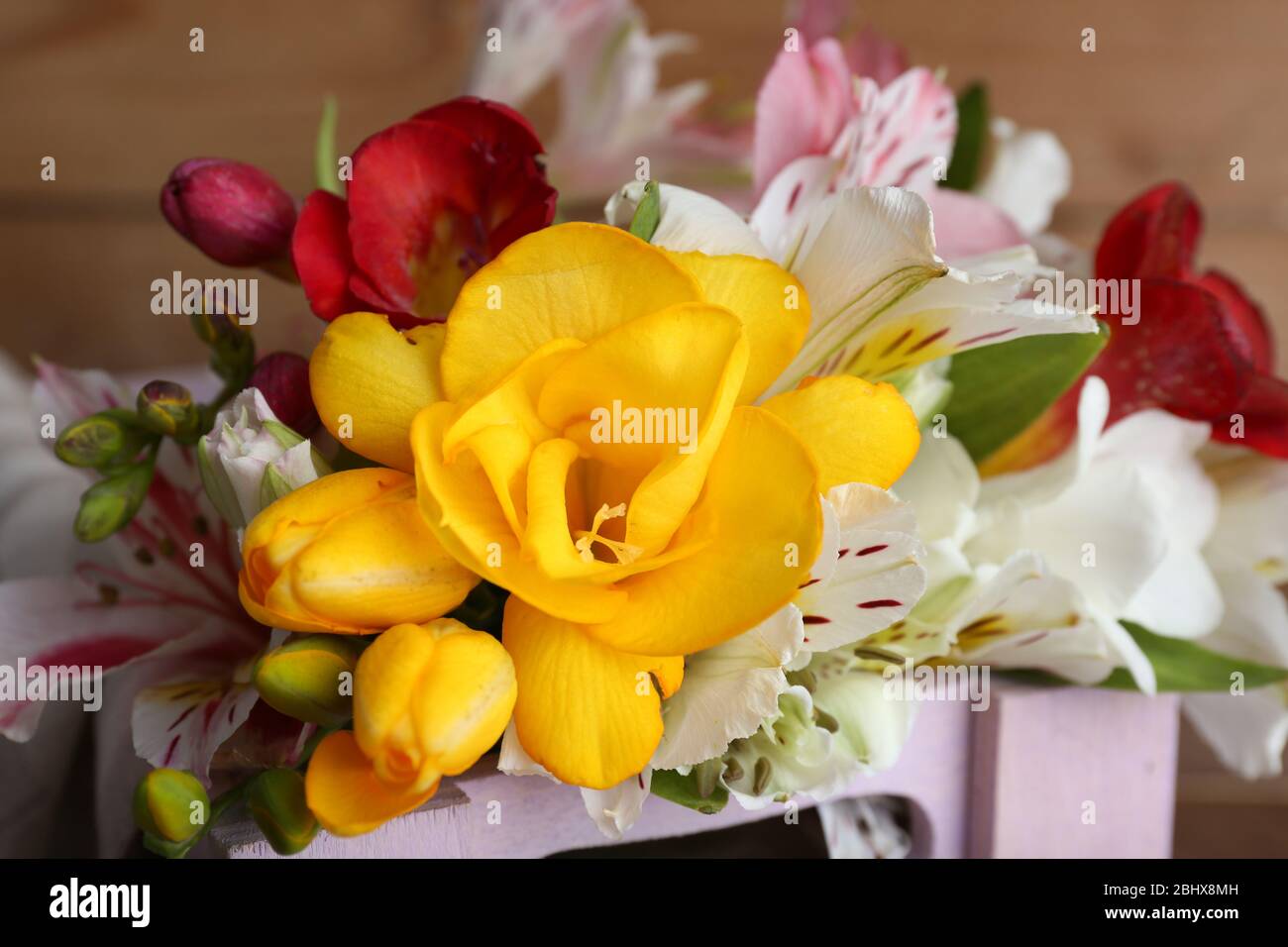 Beautiful spring flowers in wooden crate, closeup Stock Photo - Alamy