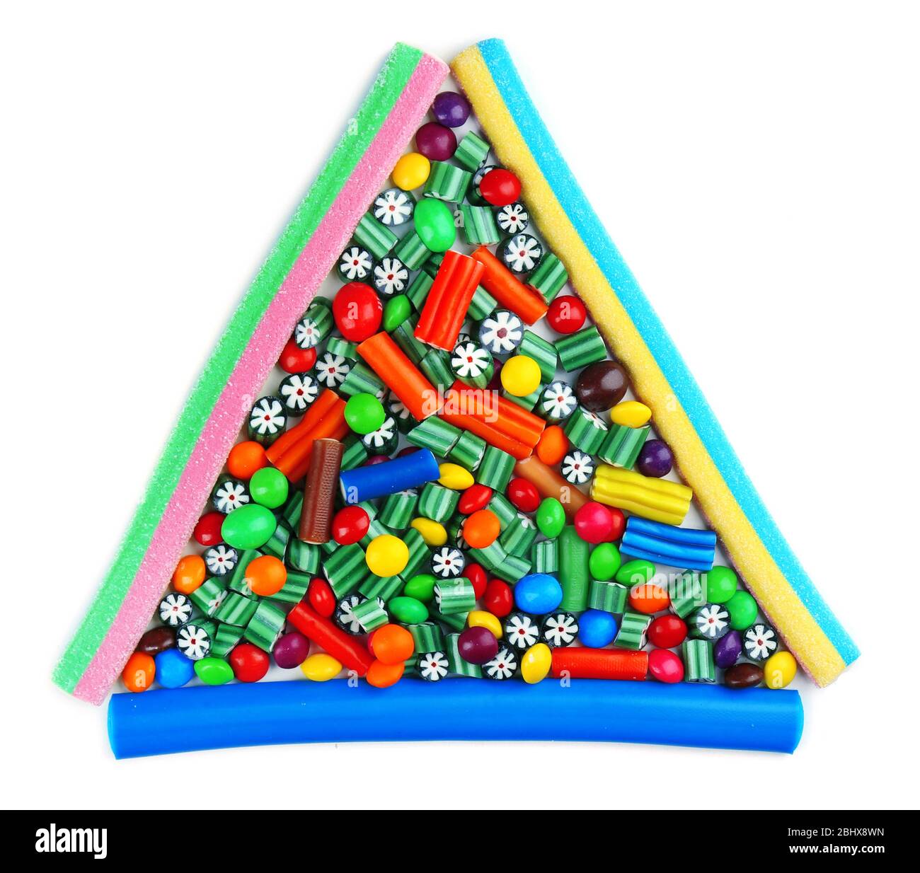 Colorful candies in shape of triangle isolated on white Stock Photo - Alamy