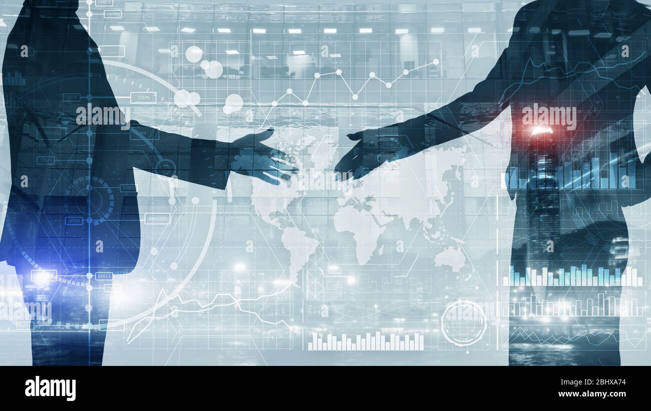 Financial dashboard with business intelligence. Background silhouettes ...