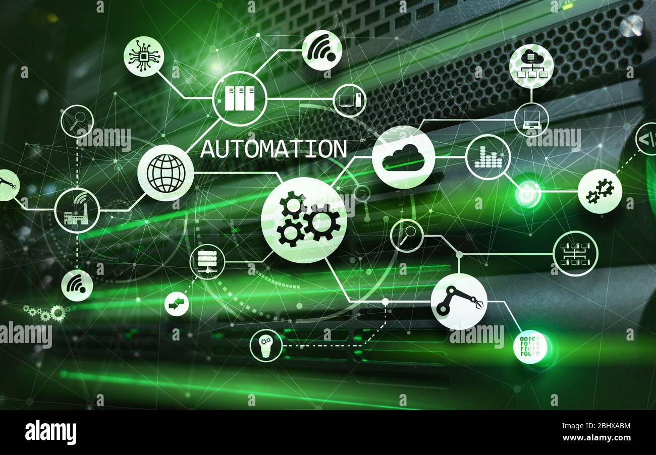 Business process automation concept on blurred network cabinets. New ...