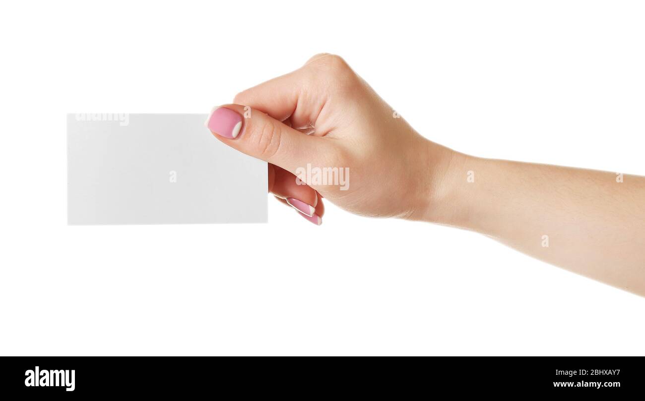 Female hand holding card isolated on white Stock Photo - Alamy
