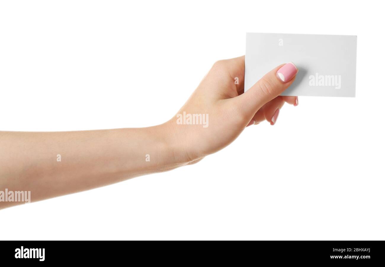 Female hand holding card isolated on white Stock Photo - Alamy