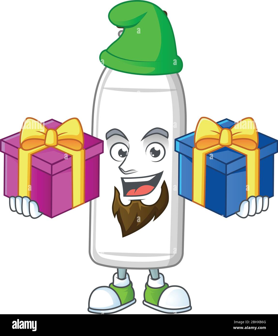 A smiling milk bottle cartoon design having Christmas gifts Stock ...