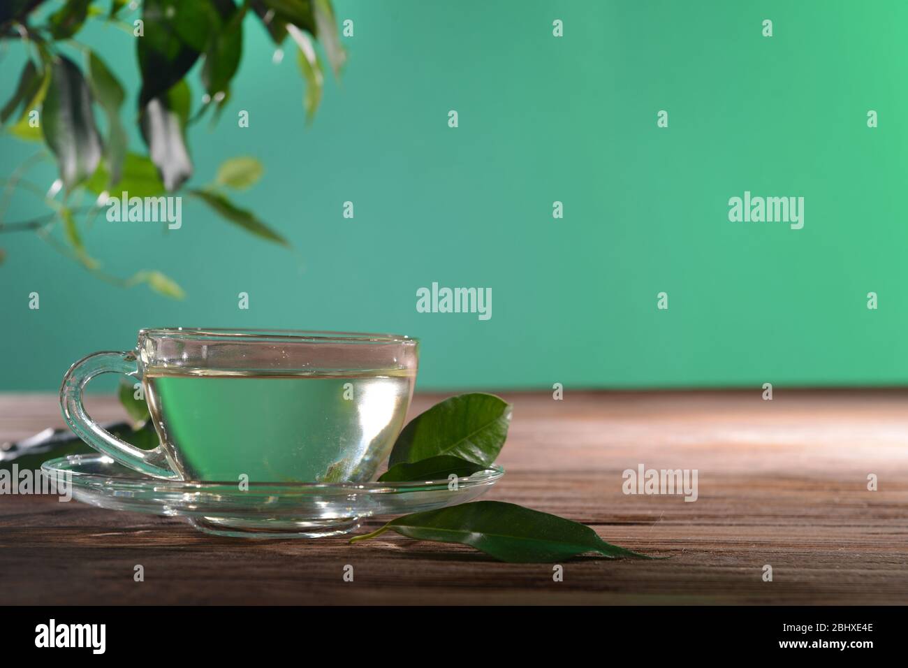Cup of green tea on table on green background Stock Photo - Alamy