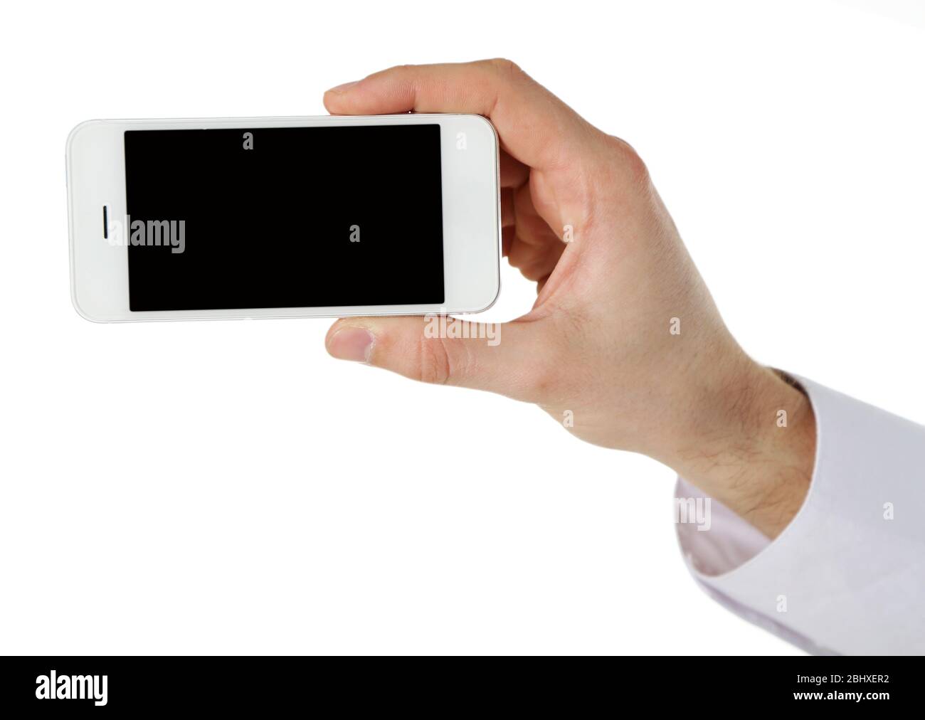 Hand holding mobile smart phone isolated on white Stock Photo - Alamy