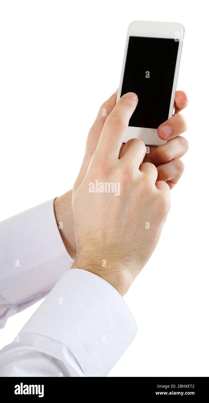 Hand holding mobile smart phone isolated on white Stock Photo - Alamy