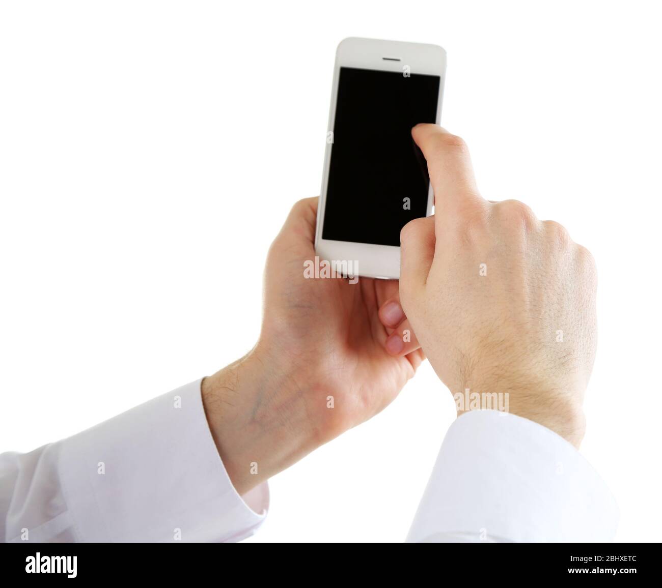 Hand holding mobile smart phone isolated on white Stock Photo - Alamy