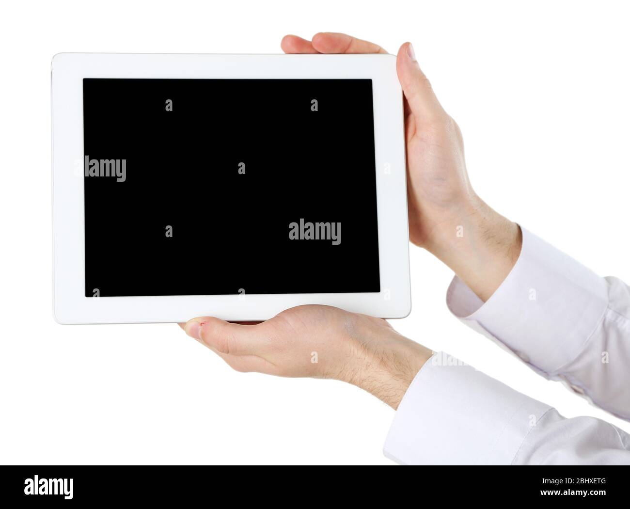 Male hands holding digital tablet isolated on white Stock Photo - Alamy