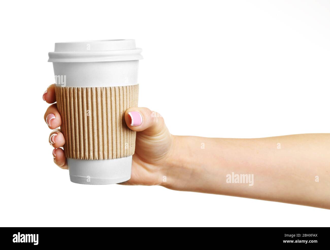 Female hand with paper cup isolated on white Stock Photo - Alamy